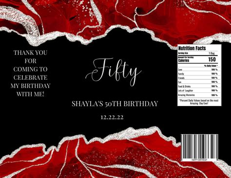 Editable Birthday Chip Bag Red And Silver Chip Bag Party Decor Party Favor Printable Etsy
