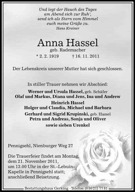 Traueranzeigen Von Anna Hassel Trauer Anzeigen De