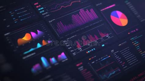 Neon Data Analytics Dashboard Display On Dark Screen Stock Illustration