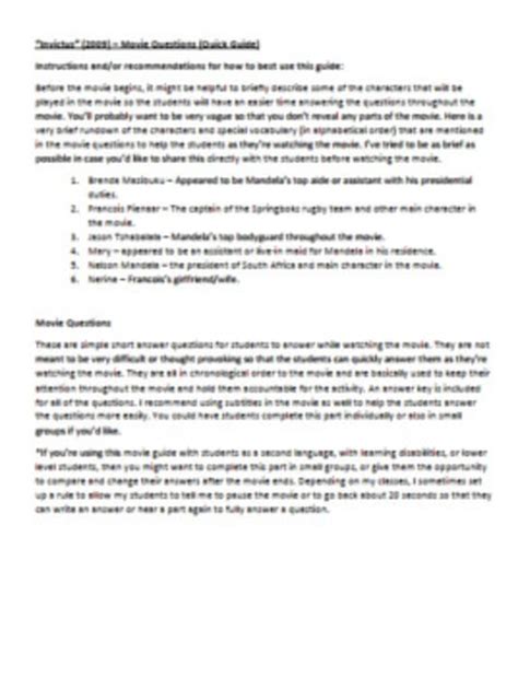 Invictus 2009 25 Movie Questions With Answer Key Quick Guide