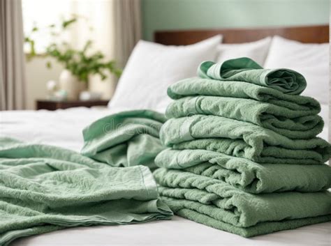 Green Folded Terry Towels Lie On Clean White Bed Cleaning In Guest