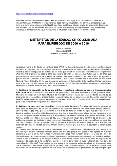 Pdf Siete Retos De La EducaciÓn Colombiana Para El PerÍodo De 2006 A 2019