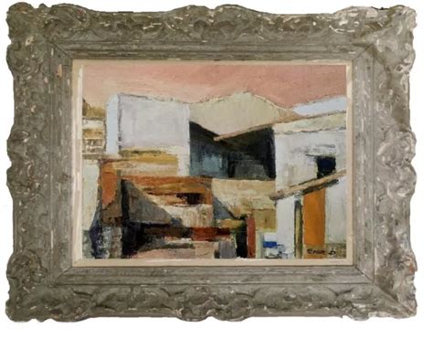 ANCIEN TABLEAU HUILE bois paysage toitures abstrait cubique géométrique Avanos EUR