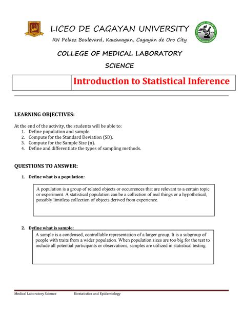worksheet introduction to statistical inference liceo de cagayan university rn pelaez
