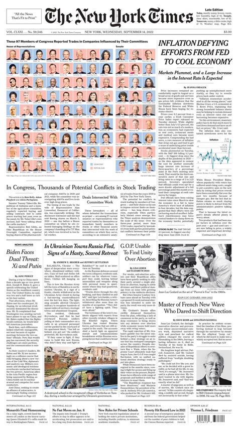 Front Page The New York Times September 14 2022 Boomers Daily