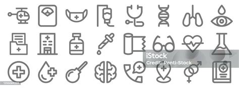 의료 아이템 라인 아이콘 선형 집합입니다 의료책 핀 뇌 건강 심박수 병 안약 청진기 체중 스케일 과 같은 품질 벡터 라인 세트 건강관리와 의술에 대한 스톡 벡터 아트 및