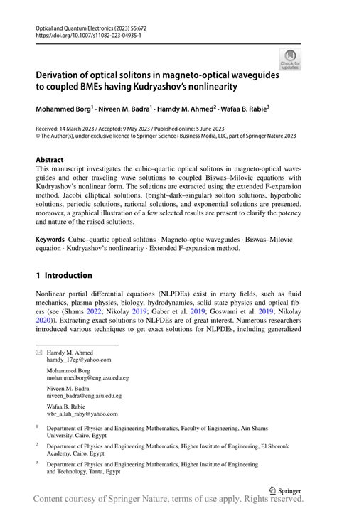 Derivation Of Optical Solitons In Magneto Optical Waveguides To Coupled Bmes Having Kudryashovs