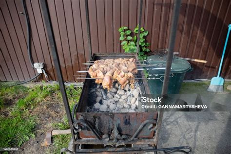 개인 주택의 뒤뜰에서 여름날 열린 불에 케밥과 고기와 함께 바베큐 피크닉 바베큐그릴에 대한 스톡 사진 및 기타 이미지 바베큐그릴 바비큐 전통 Istock
