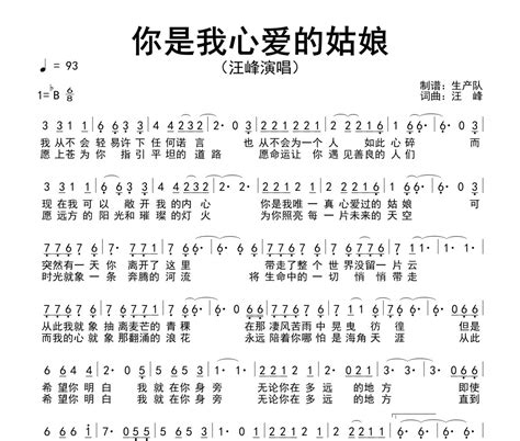 你是我心爱的姑娘简谱 汪峰《你是我心爱的姑娘》简谱降b调 乐手网