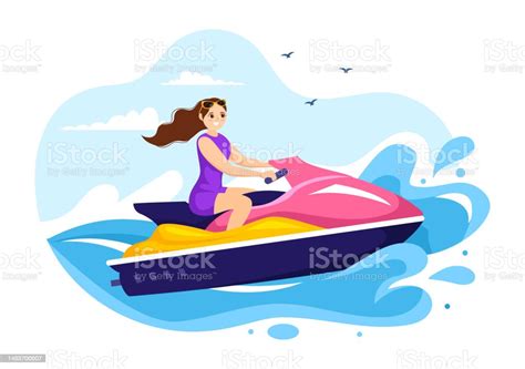 사람들은 제트 스키 그림 여름 휴가 레크리에이션 익스트림 수상 스포츠 및 리조트 해변 활동을 손으로 그린 평면 만화 템플릿을 타고 수상 모터사이클에 대한 스톡 벡터 아트 및