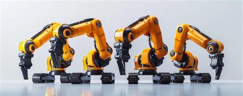 Three Yellow Robotic Arms In A Row For Industrial Automation And Manufacturing Premium Ai