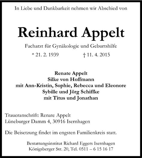 Traueranzeigen Von Reinhard Appelt Trauer In Nrw De