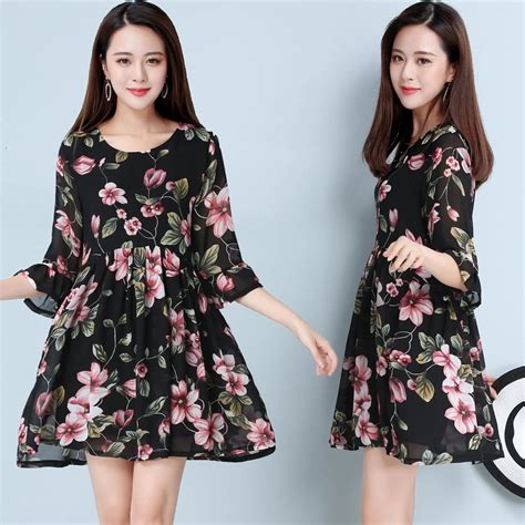 2019 New Fashion Korean Style Loose Chiffon Dress O Neck Lotus Leaf