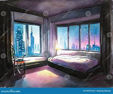 Watercolor Of Cozy Cyberpunk Futuristic Bedroom Concept Art Stock