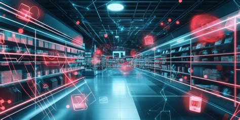 A Mesmerizing Futuristic Ai Powered Smart Retail System Featuring Glowing Cybernetic Automated