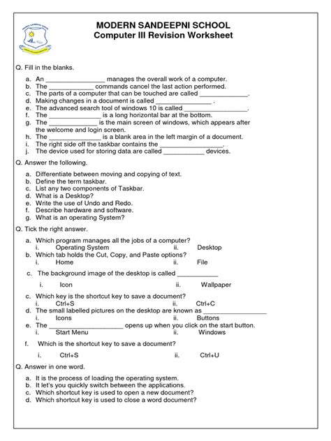 Computer 3 Revision Worksheet Pdf Information Technology Computing