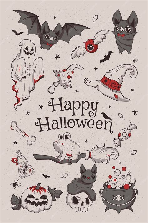 Premium Vector Happy Halloween Big Set Of Horror Hand Drawn Doodle