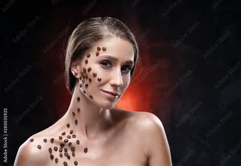 Beautiful Smiling Girl With Naked Shoulders Coffee Beans Were