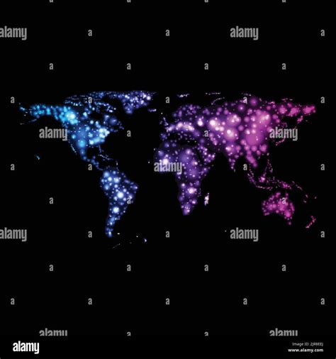 Bright Glowing Neon Blue And Purple Abstract World Map On Night Vector