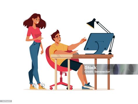 모니터 사무실 작업 벡터 만화 일러스트를보고 여자와 컴퓨터에서 남자 프로젝트 또는 사업 계획 전략 격리 된 평면 설계를 논의하는 사무실의 관리자 및 근로자 개념에 대한 스톡