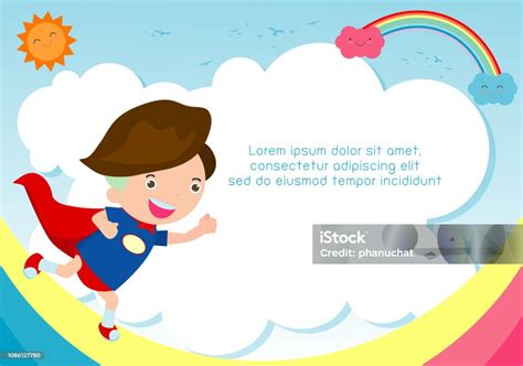 배경 광고 브로셔 당신의 텍스트 귀여운 작은 슈퍼 히어로 어린이 아이 아이 프레임과 프레임 벡터 일러스트 레이 션에 대 한 서식