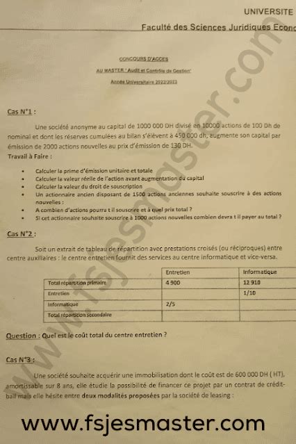 Exemple Concours Master Audit et Contrôle de Gestion 2022 2023 Fsjes