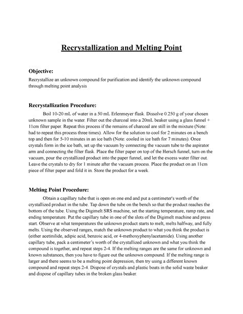 Recrystallization And Melting Lab Report Recrystallization And