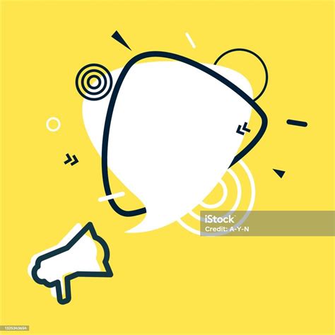 추상기하모양의 스피치 버블과 메가폰 노란색 배경에 흰색 스티커와 검은 색 프레임 프로모션 광고 텍스트를 위한 장소가 있는