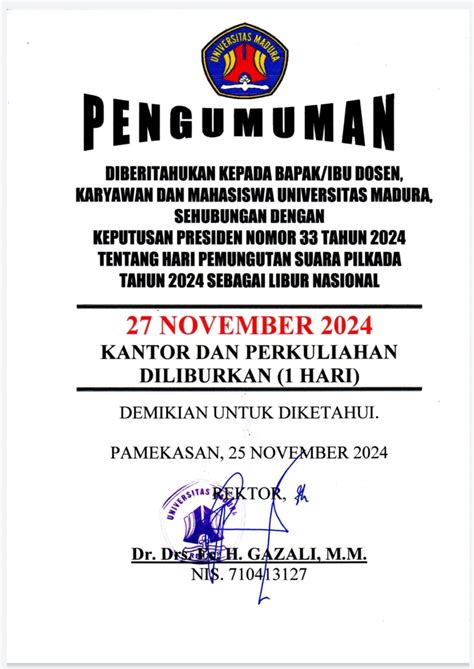 UNIRA Announcement Libur Pilkada Serentak Tahun 2024