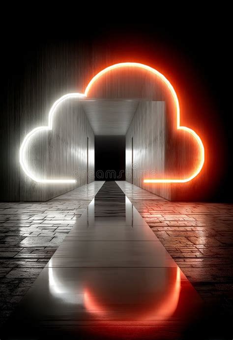 Neon Cloud Icon Hovering Over Futuristic Pathway In Modern Digital Setting Stock Illustration
