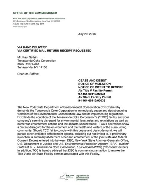 Tonawanda Coke Cease And Desist Permit Revocation 7 20 2018