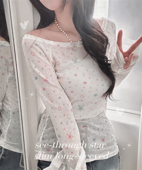 당일🚀 오프숄더가능슬림핏 유니크 별 포인트 시스루 프린팅 슬림핏 긴팔 티셔츠 학생 대학생 캠퍼스 직장인 여행 수학여행 졸업