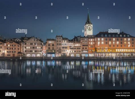 Zurich Skyline At Night With St Peters Church Zurich Switzerland