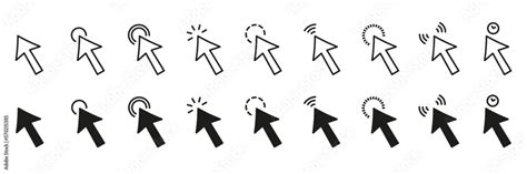 Mouse Pointer Line And Silhouette Icon Set Computer Cursor Arrow Pictogram Collection Digital