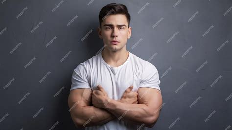 Premium Photo Self Assertive Serious Young Guy Keeps Muscular Arms Crossed Over Chest Looks