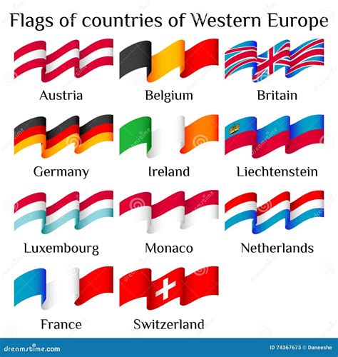 Flying Flags Of Western Europe Countries In Waves Stock Vector