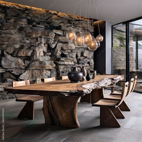 Rustic Live Edge Dining Table Made From Wooden Slab And Logs Interior Design Of Modern Dining