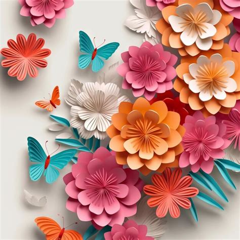 Flores De Papel De Colores Brillantes Y Mariposas Sobre Un Fondo Blanco