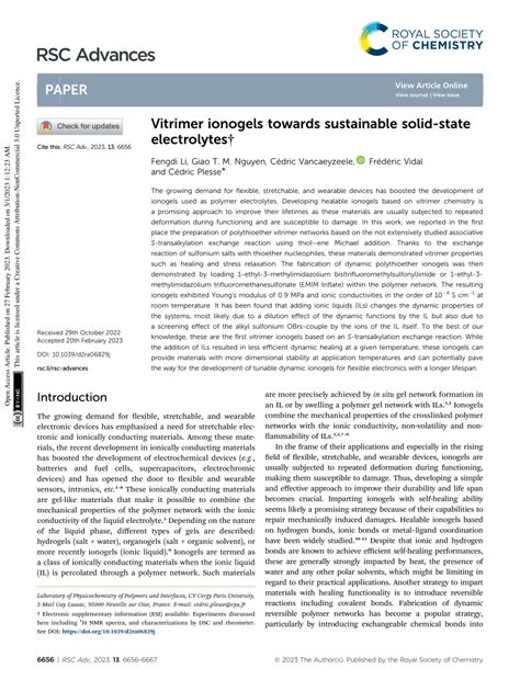 Pdf Vitrimer Ionogels Towards Sustainable Solid State Electrolytes