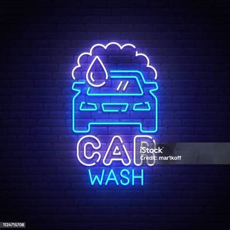 자동차 세척 네온 사인 밝은 간판 배너 빛 자동차 세척 로고 네온 엠 블 럼입니다 벡터 일러스트 레이 션 세차장에 대한 스톡 벡터 아트 및 기타 이미지 Istock