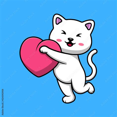 Cute Cat Holding Heart Love Cartoon Vector Icon Illustration Flat
