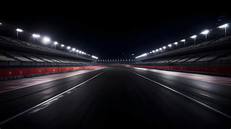 Mpty Racing Track With Illuminated Lights In Night Empty Racing Track With Empty Grandstand Or