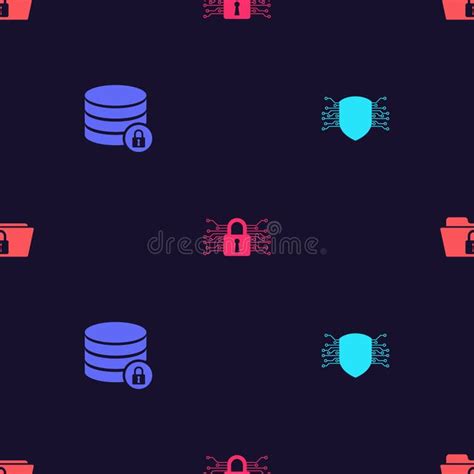 Set Cyber Security Server With Lock And Folder And On Seamless Pattern Vector Stock