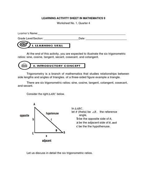 Worksheet No 1 Quarter 4 Learning Activity Sheet In Mathematics 9