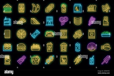 Snack Bar Icons Set Outline Set Of Snack Bar Vector Icons Neon Color On Black Stock Vector