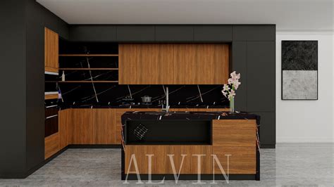 Dark Grey And Wood Grain Kitchen Cabinet L Sharp Kitchen Design