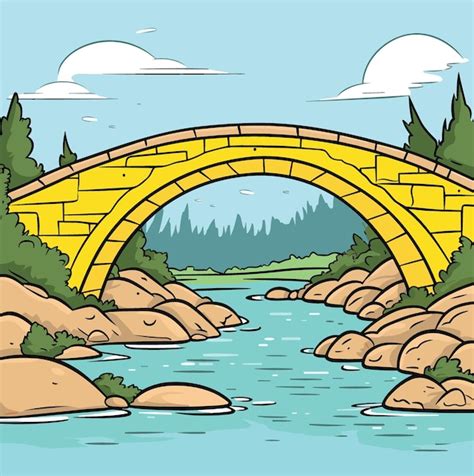 Antiguo puente peatonal de piedra sobre el río vector ilustración en
