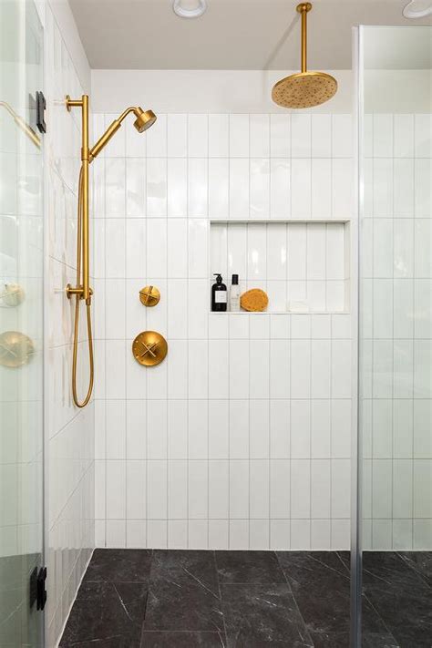White Vertical Stacked Shower Wall Tiles Modern Bathroom Shower