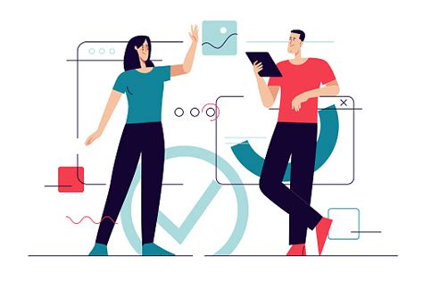 비즈니스 컨셉 플랫 스타일은 웹 디자인 소프트웨어 개발 커뮤니케이션을 주제로 한 벡터 일러스트를 간략하게 설명합니다 편집 가능한 스트로크 개념에 대한 스톡 벡터 아트 및