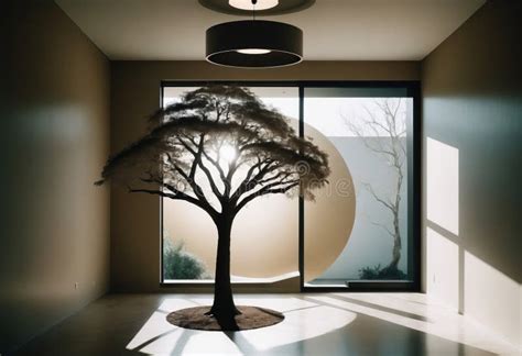 A Minimalist Tree Silhouette Against A Bright Circular Light Fixture